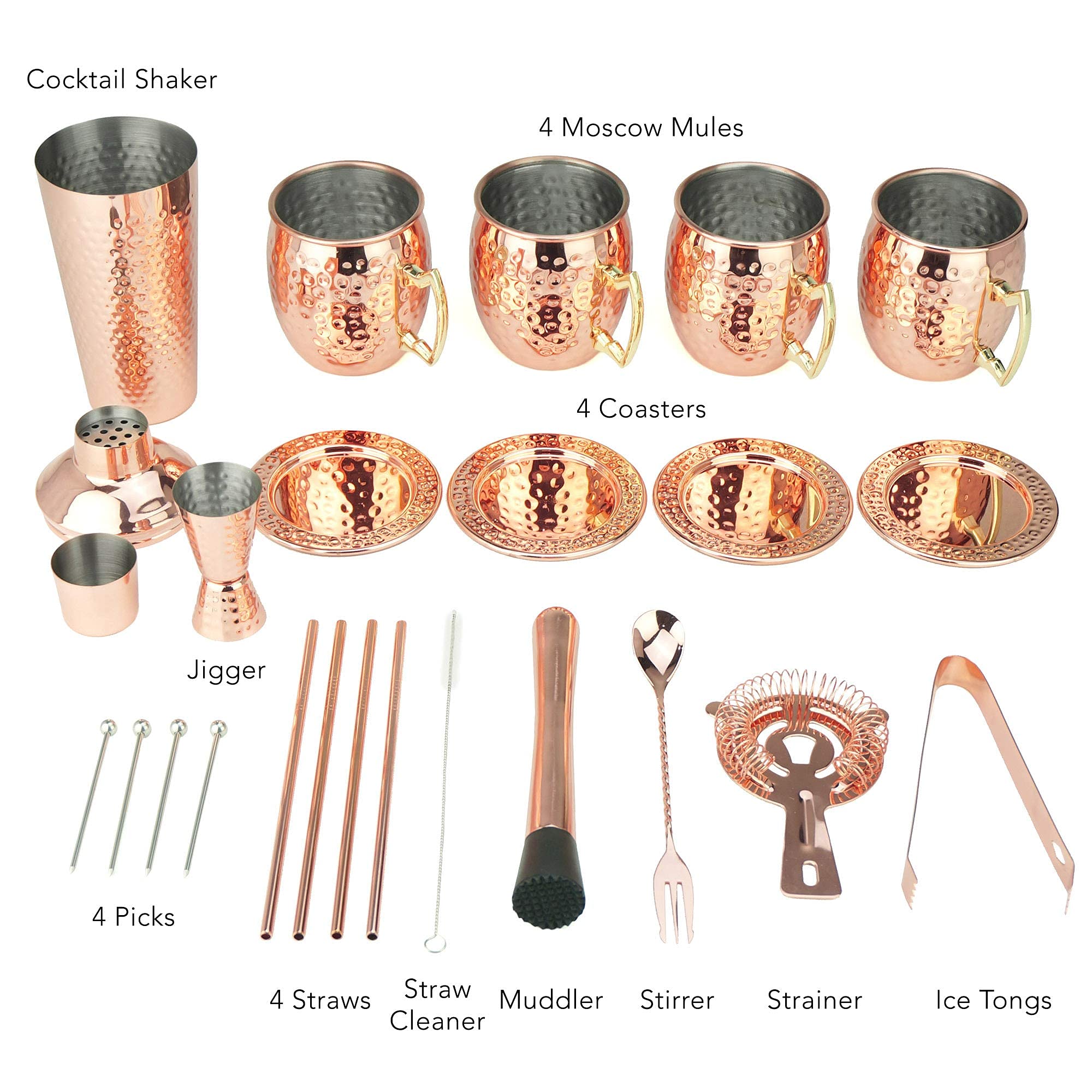 PG [Gift Set] Ultimate Moscow Mule SS Copper Plated Set 25PC | 3pc Cocktail Shaker, 4x Mugs, 4x Straws, 4x Cocktail Picks, Straw Cleaner, 4x Coaster, Strainer, Tongs, Muddler, Jigger, Stirrer