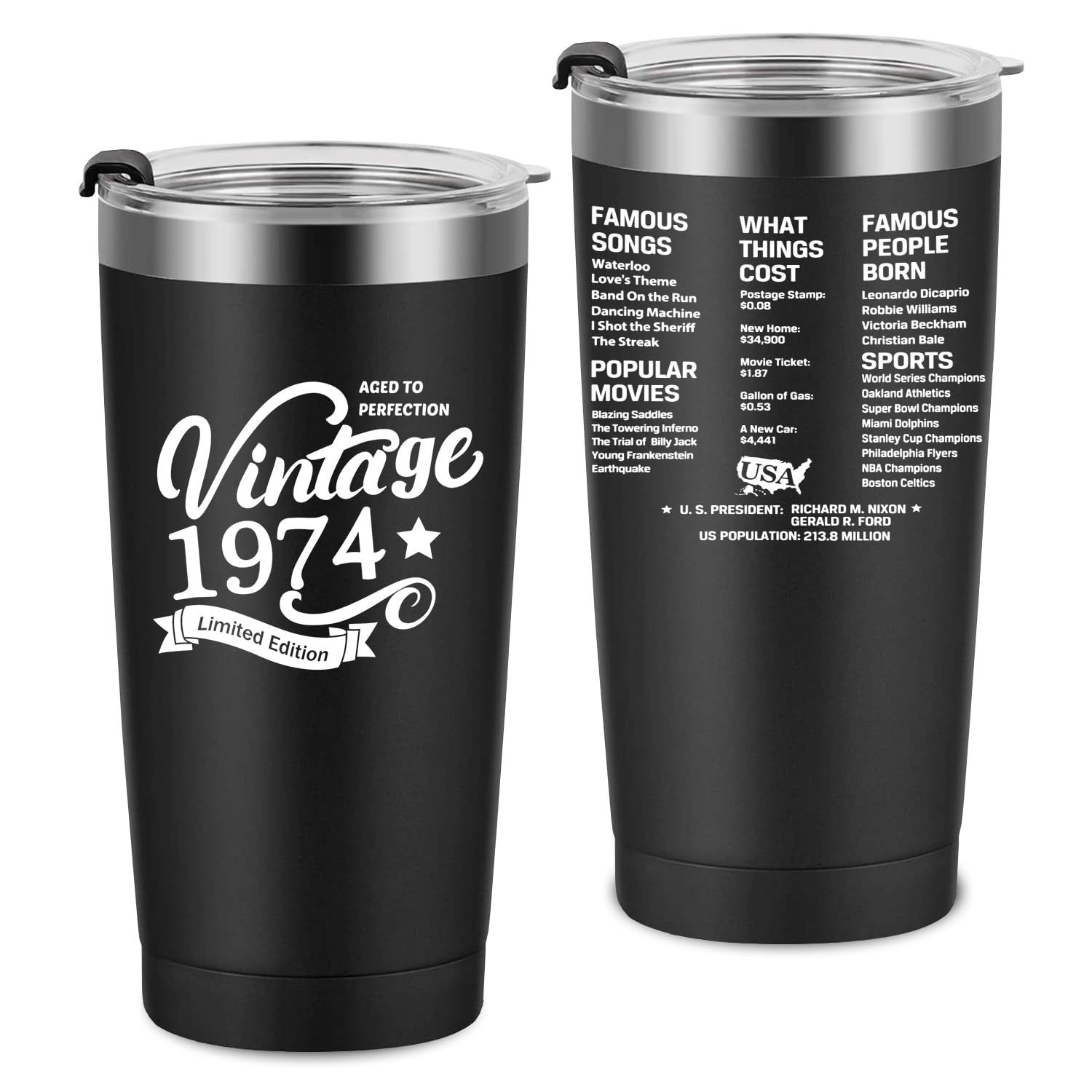 Greatingreat 1974 50th Birthday Gift for Women and Men - 50th Gifts for Parents - 50th Class Reunion - Mom Dad Wife Husband Present - 20oz Tumbler Cup Black