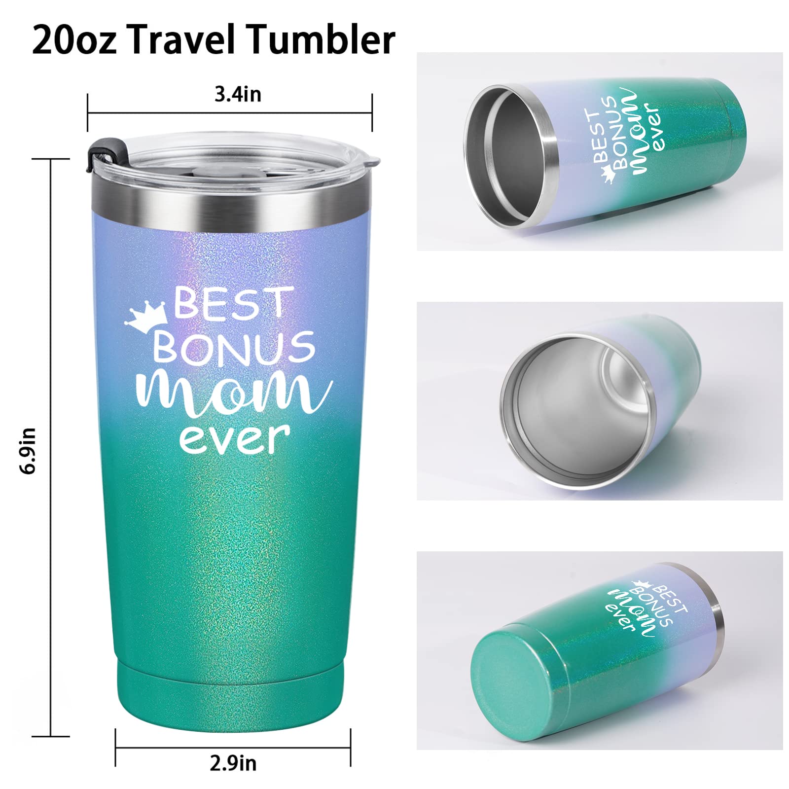 Gingprous Mother's Day Gifts for Mom Tumbler, Best Bonus Mom Ever Birthday Gifts for Women Bonus Mom Mother New Mom to be from Daughter Son, 20 Oz Insulated Stainless Steel Tumbler with Lids, Gradient