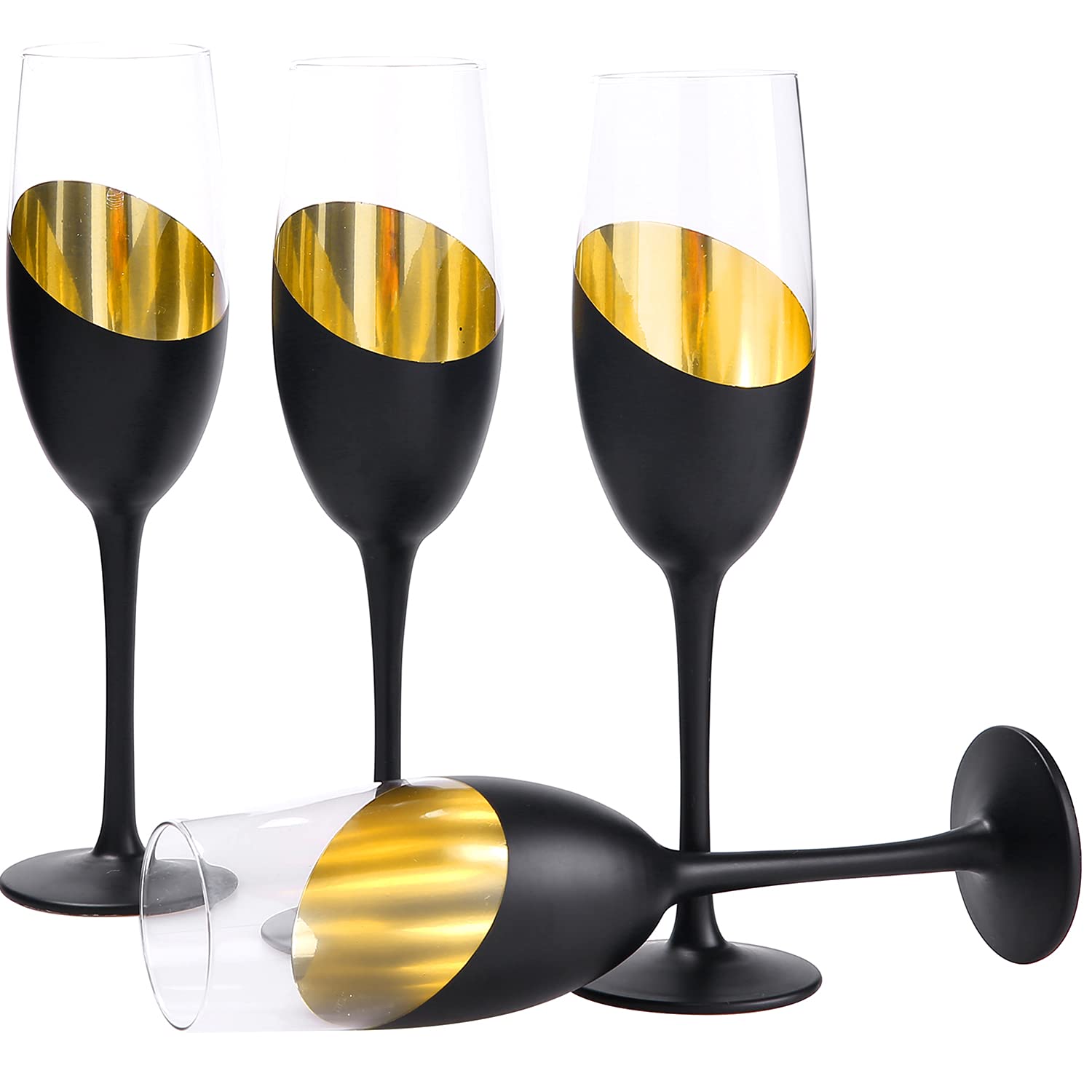 MyGift Modern Stemmed Champagne Flute Glass Set of 4 with Black and Gold Plated Design, Bachelorette Toasting Glasses Party and Wedding Wine Glass, 8 oz