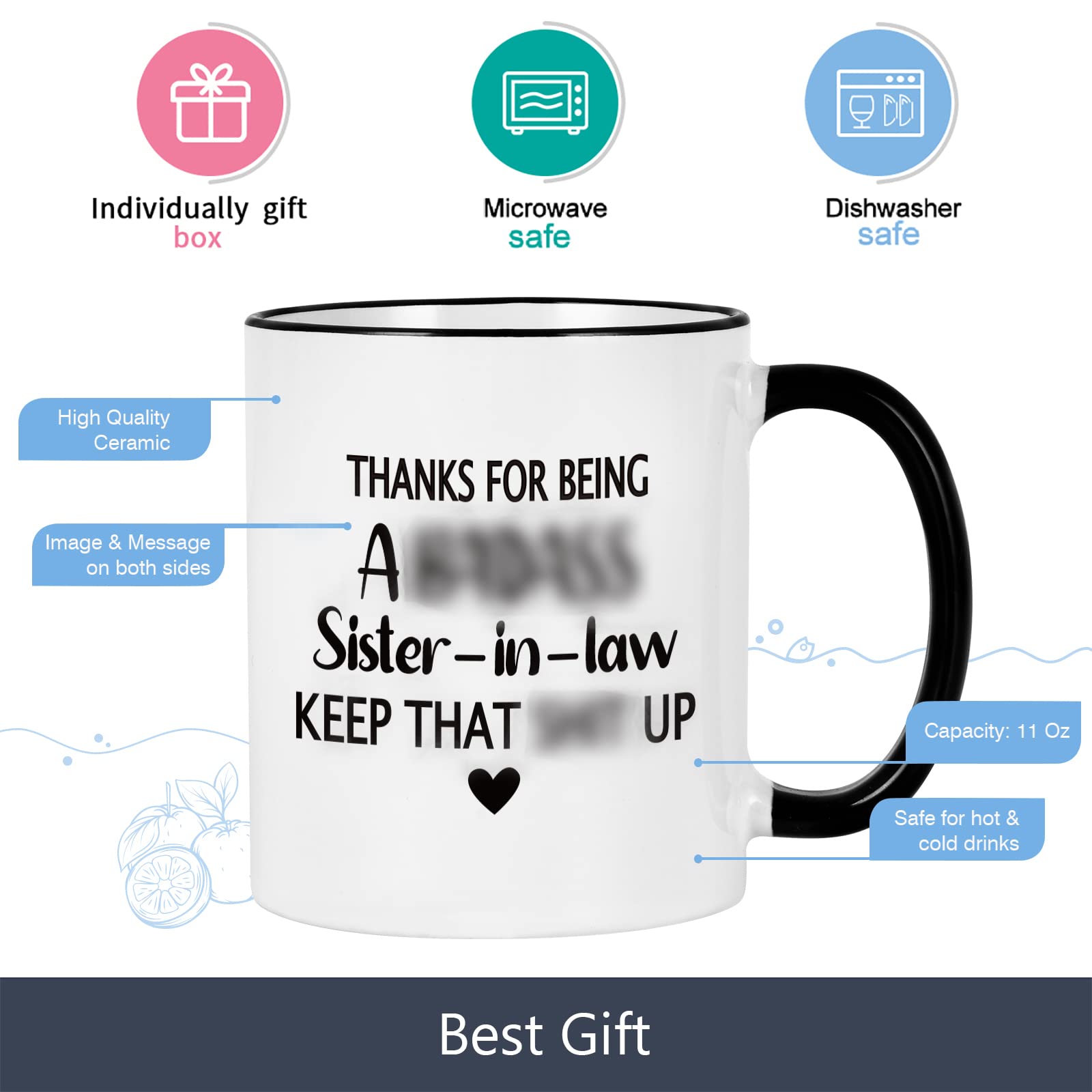 YHRJWN - Sister In law Gifts, Thanks For Being A Sister In Law Mug, Sisters Gifts from Sister, Mother's Day Gifts for Sister In Law, Funny Birthday Christmas Gifts for Sister Sis In Law 11 Oz White