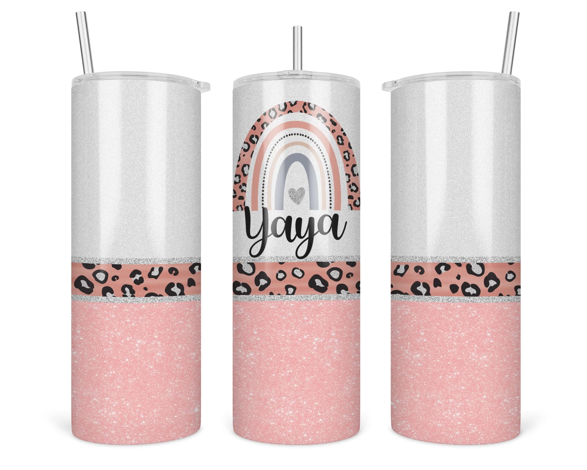 TunlaStore Leopard Yaya Tumbler - Yaya Rainbow Tumbler - Mothers Day Gifts Yaya - Leopard Rainbow Yaya Travel Cup - Tumbler With Straw And Lid - 20 Oz - Insulated Stainless Steel, White