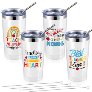 rtteri 4 pieces teacher appreciation gifts teacher tumbler bulk 20 oz teacher stainless steel tumbler cup with lids and straws brushes thank you tumbler mug for graduation teacher birthday gifts