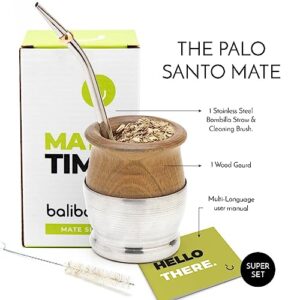 BALIBETOV [New Yerba Mate Wood Gourd Set - Traditional Palo Santo and Aluminum (Mate Cup) with Bombilla (Yerba Mate Straw) (Wood With Aluminum Base)