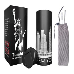 vacuum insulated tumbler with straw and flip lid stainless steel water bottle iced coffee travel mug cup 15oz gift box skyline map (new york)