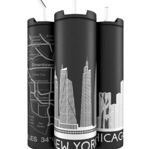 Vacuum Insulated Tumbler with Straw and Flip Lid Stainless Steel Water Bottle Iced Coffee Travel Mug Cup 15oz Gift Box Skyline Map (New York)