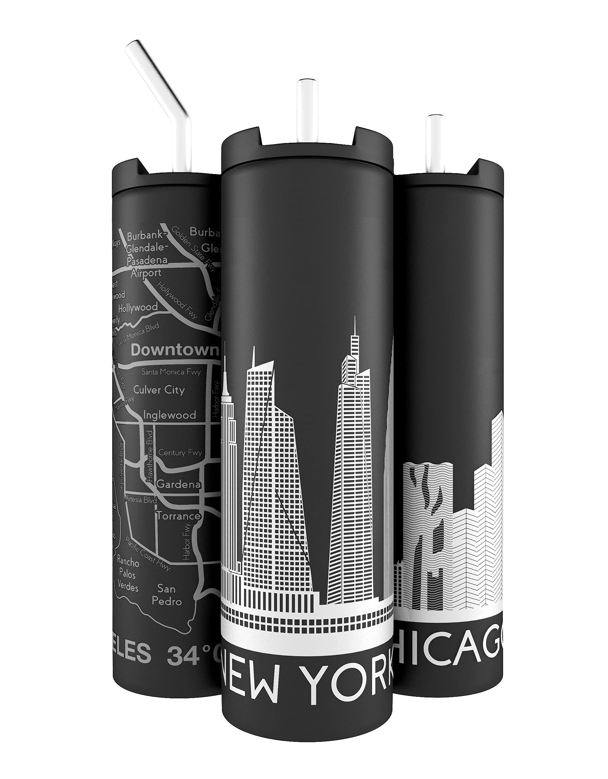 Vacuum Insulated Tumbler with Straw and Flip Lid Stainless Steel Water Bottle Iced Coffee Travel Mug Cup 15oz Gift Box Skyline Map (New York)