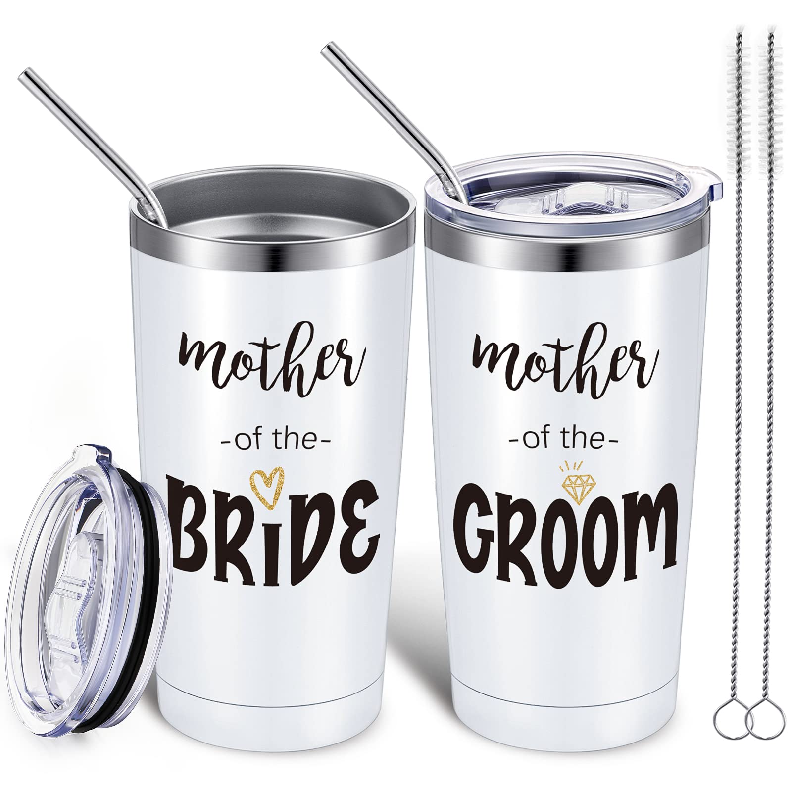 Cunhill 2 Pieces Mother of the Groom Mother of the Bride Mug Tumblers Wedding Gift for Engagement Announcement Party Insulated Tumbler Stainless Steel with Lid Straw Brush (White,Straight Style)