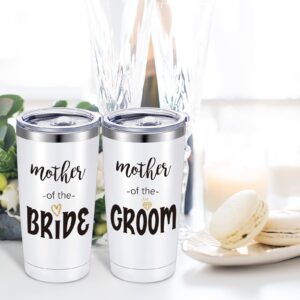 Cunhill 2 Pieces Mother of the Groom Mother of the Bride Mug Tumblers Wedding Gift for Engagement Announcement Party Insulated Tumbler Stainless Steel with Lid Straw Brush (White,Straight Style)