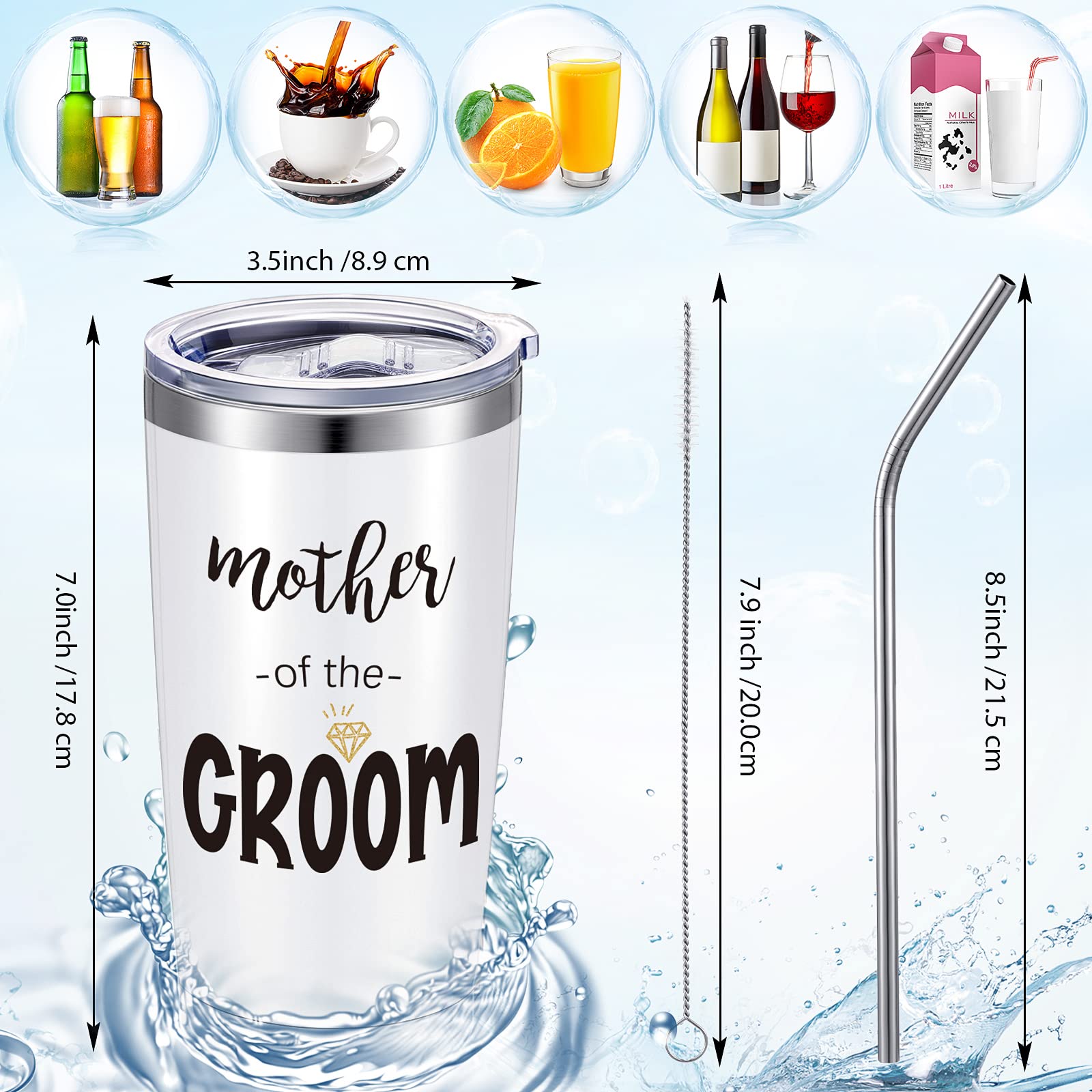 Cunhill 2 Pieces Mother of the Groom Mother of the Bride Mug Tumblers Wedding Gift for Engagement Announcement Party Insulated Tumbler Stainless Steel with Lid Straw Brush (White,Straight Style)