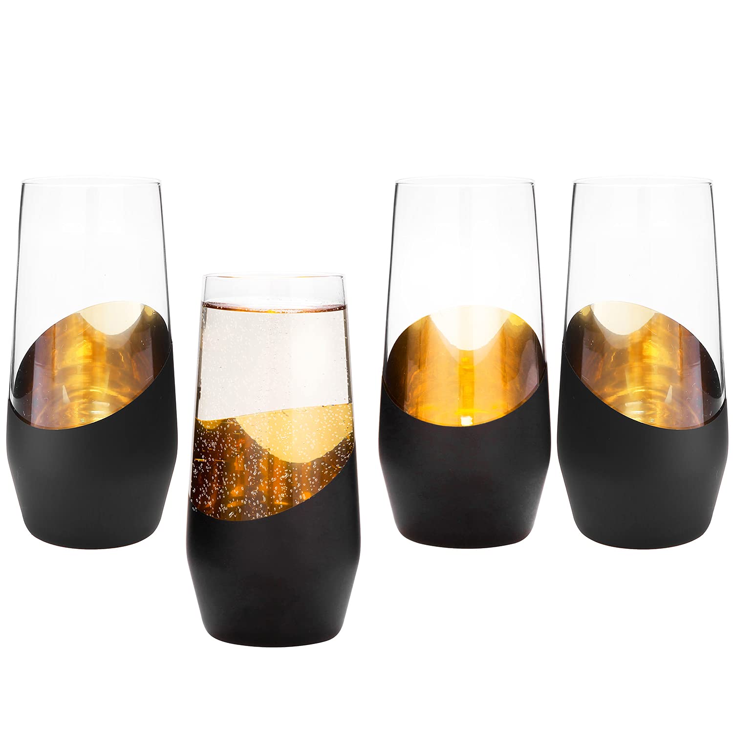 MyGift 11 oz Modern Black and Gold Plated Decorative Stemless Champagne Flute Wedding Party Drinking Glasses, Set of 4