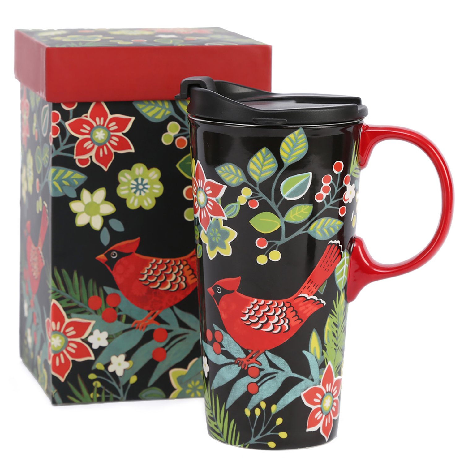 CEDAR HOME Coffee Ceramic Mug Porcelain Latte Tea Cup With Lid in Gift Box 17ounce. Cardinal Bird