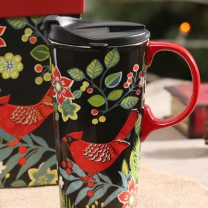 CEDAR HOME Coffee Ceramic Mug Porcelain Latte Tea Cup With Lid in Gift Box 17ounce. Cardinal Bird