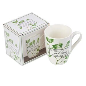 Christian Art Gifts Ceramic Coffee and Tea Mug 12 oz Inspirational Bible Verse Mug for Women and Men: Be Still and Know - Psalm 46:10 Microwave and Dishwasher Safe White Mug with Green Leaf