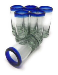 hand blown mexican tequila shot glasses – set of 6 cobalt blue rim tequila shot glasses (2 oz each)