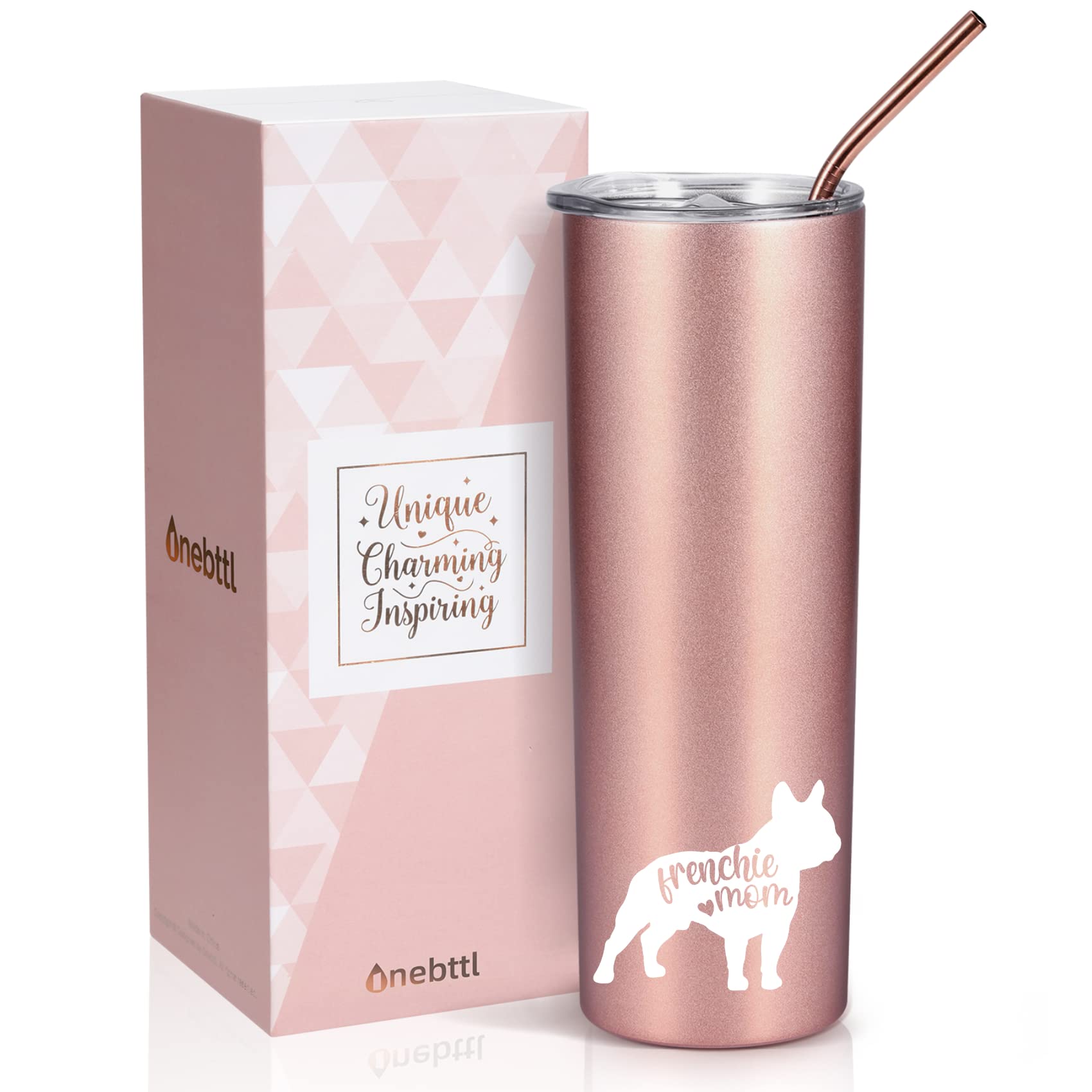 Onebttl French Bulldog Gifts for Women, Best Frenchie Mom Gifts for Birthday, Unique Dog Mom Gifts for Frenchie Mama, Rose Gold Stainless Steel Insulated Tumbler 20 oz - Frenchie Mom