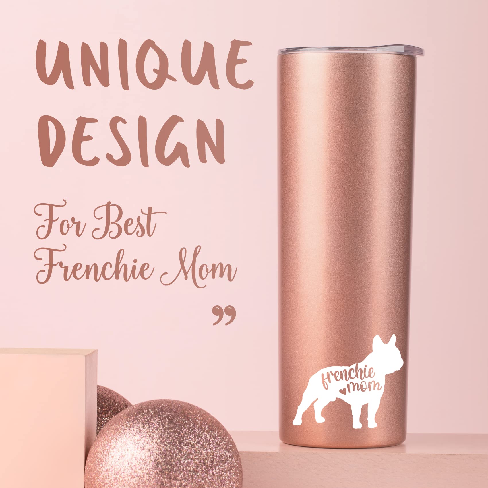 Onebttl French Bulldog Gifts for Women, Best Frenchie Mom Gifts for Birthday, Unique Dog Mom Gifts for Frenchie Mama, Rose Gold Stainless Steel Insulated Tumbler 20 oz - Frenchie Mom