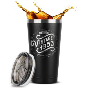 70th birthday gifts for men - 1953 vintage 16 oz black coffee tumbler - 70th birthday decorations for men - birthday gifts for 70 year old man dad grandpa - funny 80th birthday idea presents for men