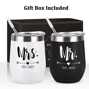 GINGPROUS EST 2023 Mr and Mrs Wine Tumbler, 2023 Engagement Wedding Couple Gift for Newlyweds Couples Bride to Be Wife His and Her,12 Oz Mr Mrs Gifts Stainless Steel Wine Tumblers with Lid, Set of 2