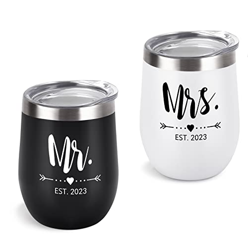 GINGPROUS EST 2023 Mr and Mrs Wine Tumbler, 2023 Engagement Wedding Couple Gift for Newlyweds Couples Bride to Be Wife His and Her,12 Oz Mr Mrs Gifts Stainless Steel Wine Tumblers with Lid, Set of 2