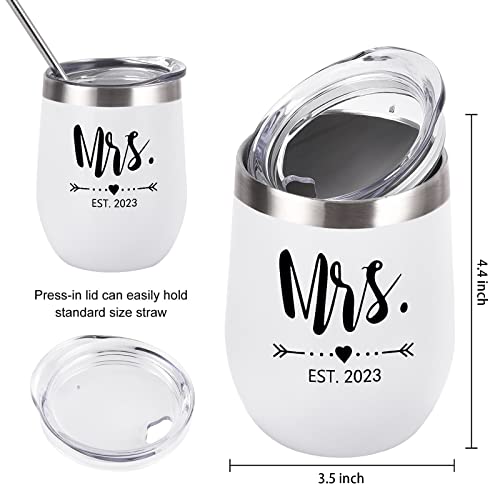 GINGPROUS EST 2023 Mr and Mrs Wine Tumbler, 2023 Engagement Wedding Couple Gift for Newlyweds Couples Bride to Be Wife His and Her,12 Oz Mr Mrs Gifts Stainless Steel Wine Tumblers with Lid, Set of 2