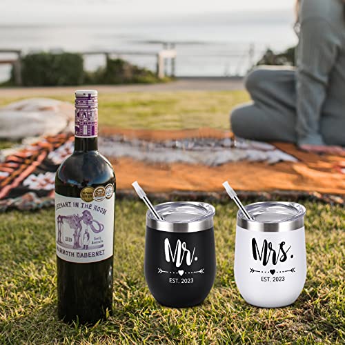 GINGPROUS EST 2023 Mr and Mrs Wine Tumbler, 2023 Engagement Wedding Couple Gift for Newlyweds Couples Bride to Be Wife His and Her,12 Oz Mr Mrs Gifts Stainless Steel Wine Tumblers with Lid, Set of 2