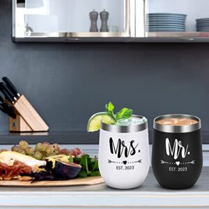 GINGPROUS EST 2023 Mr and Mrs Wine Tumbler, 2023 Engagement Wedding Couple Gift for Newlyweds Couples Bride to Be Wife His and Her,12 Oz Mr Mrs Gifts Stainless Steel Wine Tumblers with Lid, Set of 2