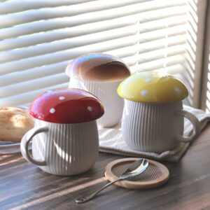 AVAFORT Mushroom Lid Ceramic Coffee Mug Mushroom Ceramic Mug with Handle and Lid, 10oz (RED WITH DOT)