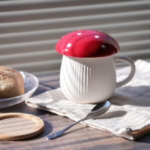 AVAFORT Mushroom Lid Ceramic Coffee Mug Mushroom Ceramic Mug with Handle and Lid, 10oz (RED WITH DOT)