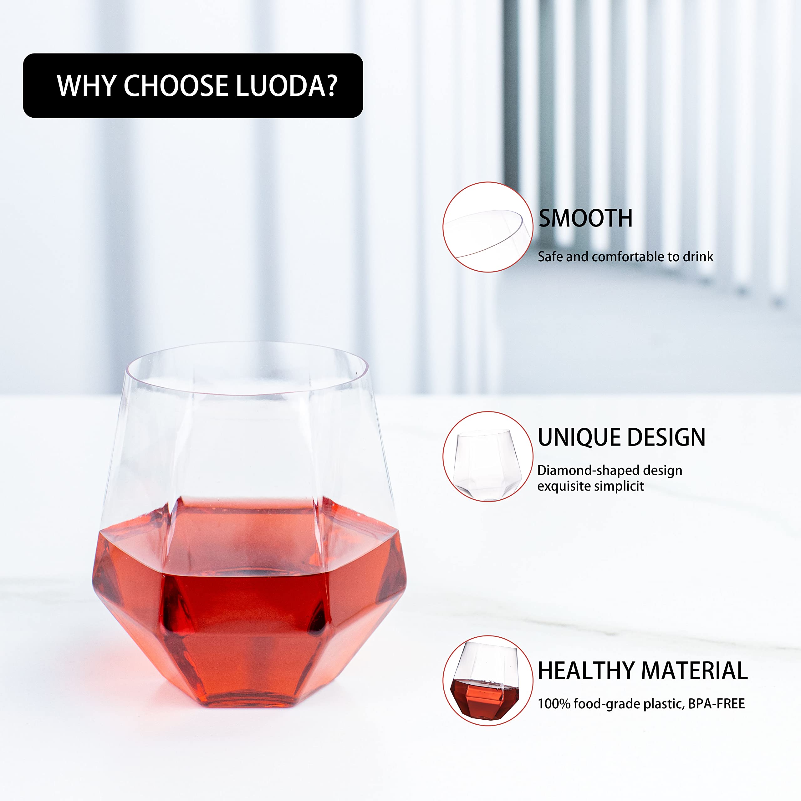 LUODA 32 Pack Clear Plastic Stemless Wine Glasses, 12 Oz Clear Plastic Diamond Wine Glasses, Plastic Wine Whiskey Glasses, Plastic Wine Glasses For White Wine, Red Wine, Cocktail and Whiskey