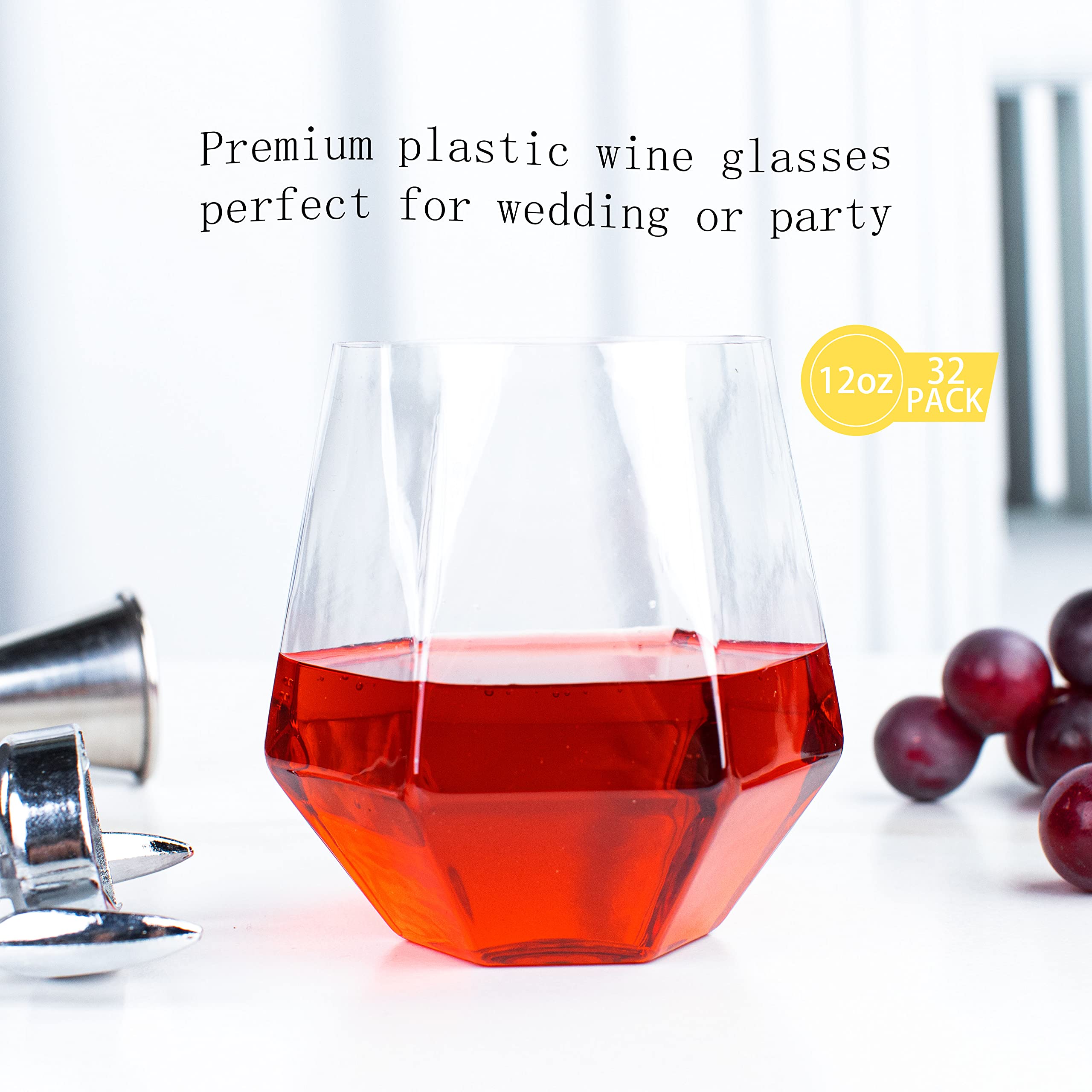 LUODA 32 Pack Clear Plastic Stemless Wine Glasses, 12 Oz Clear Plastic Diamond Wine Glasses, Plastic Wine Whiskey Glasses, Plastic Wine Glasses For White Wine, Red Wine, Cocktail and Whiskey