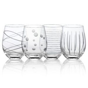 joeyan hand blown etched stemless wine glasses with dots strips pattern for red wine,large carved drinking glass cups tumblers for wedding anniversary party home,set of 4,17.5 oz