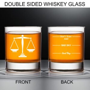 Funny Lawyer Whiskey Glasses, Double sided Good Day Bad Day Don't Even Ask Lawyer Whiskey Glasses, Birthday Gifts For Paralegal, Attorney, Legal Assistant, or Law Student, Lawyer Gifts, Cute gag gift