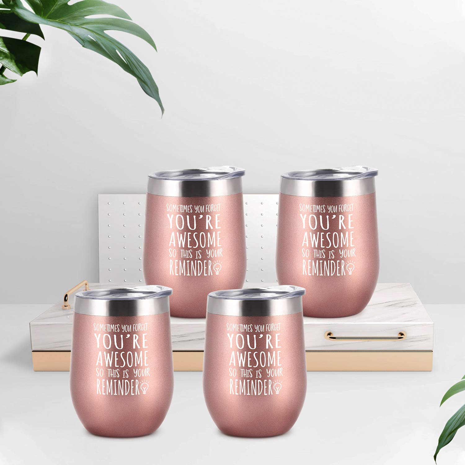 4 Pack Wine Tumbler, Thank You Idea-Sometimes You Forget You're Awesome, Appreciation Idea for Women Friend Mom Wife Coworker Sister, Insulated Stainless Steel Tumbler with Lid(12oz, Rose Gold)