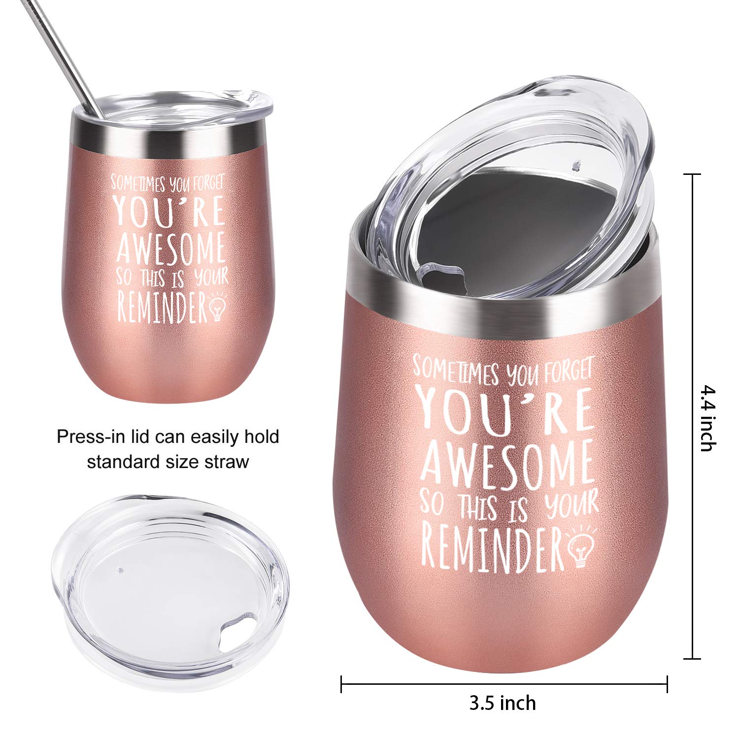 4 Pack Wine Tumbler, Thank You Idea-Sometimes You Forget You're Awesome, Appreciation Idea for Women Friend Mom Wife Coworker Sister, Insulated Stainless Steel Tumbler with Lid(12oz, Rose Gold)