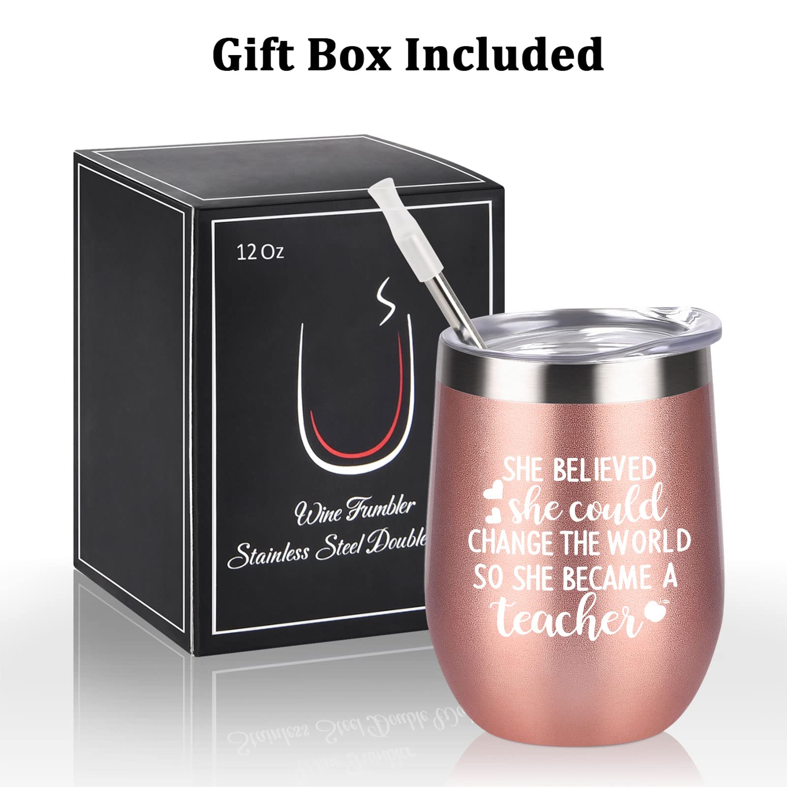 GINGPROUS Teacher Appreciation Gifts, Teacher's Day Christmas Birthday Gift for Women Teacher Tutor Professor New Teacher Her, So She Became a Teacher Stainless Steel Wine Tumbler, 12 Oz Rose Gold