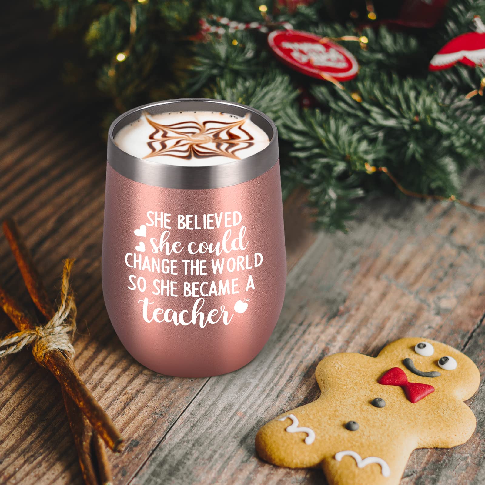 GINGPROUS Teacher Appreciation Gifts, Teacher's Day Christmas Birthday Gift for Women Teacher Tutor Professor New Teacher Her, So She Became a Teacher Stainless Steel Wine Tumbler, 12 Oz Rose Gold