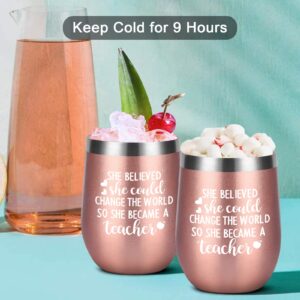 GINGPROUS Teacher Appreciation Gifts, Teacher's Day Christmas Birthday Gift for Women Teacher Tutor Professor New Teacher Her, So She Became a Teacher Stainless Steel Wine Tumbler, 12 Oz Rose Gold