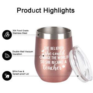 GINGPROUS Teacher Appreciation Gifts, Teacher's Day Christmas Birthday Gift for Women Teacher Tutor Professor New Teacher Her, So She Became a Teacher Stainless Steel Wine Tumbler, 12 Oz Rose Gold