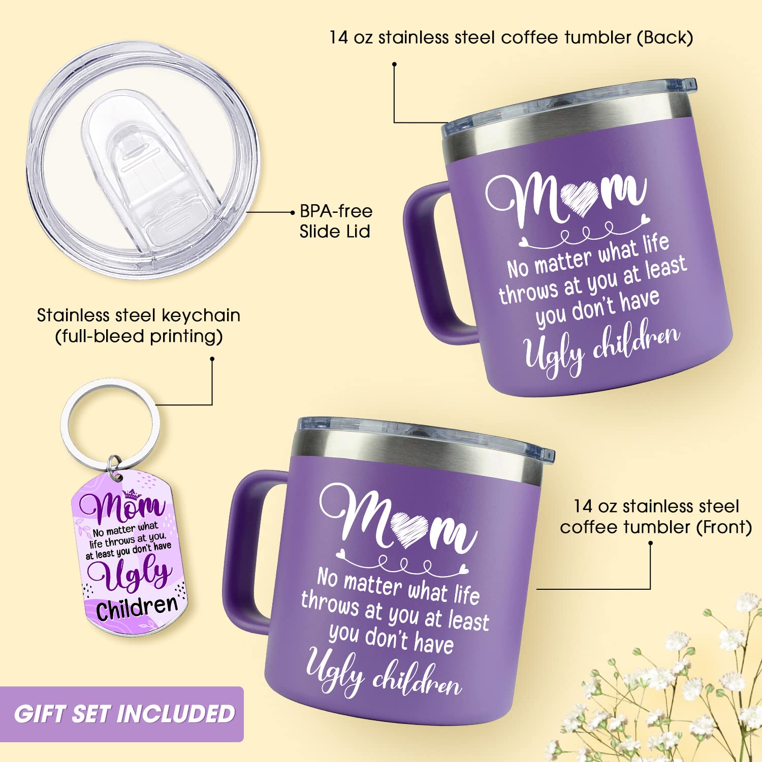 365FURY Gifts For Mom From Daughter, Son - Mother's Day, Birthday Gifts For Mom - No Matter What/Ugly Children Coffee Mug/Tumbler 14Oz & Keychain - Best Mother, Moms Gift Idea