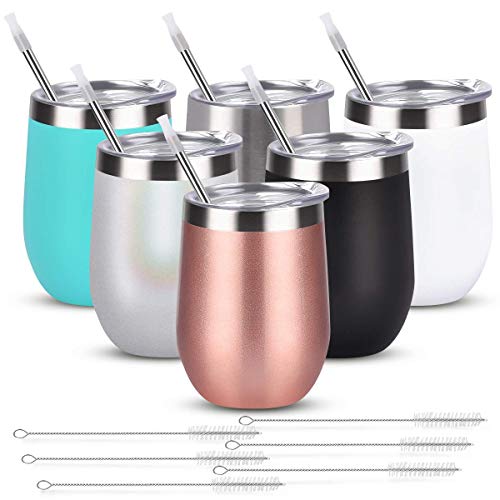 6 Pack 12Oz Stainless Steel Stemless Wine Glasses, Insulated Wine Tumblers with Lids and Straws, Set of 6 Stainless Steel Cups for Wine, Champaign, Cocktail, Coffee, Ice Cream (Multicolor)