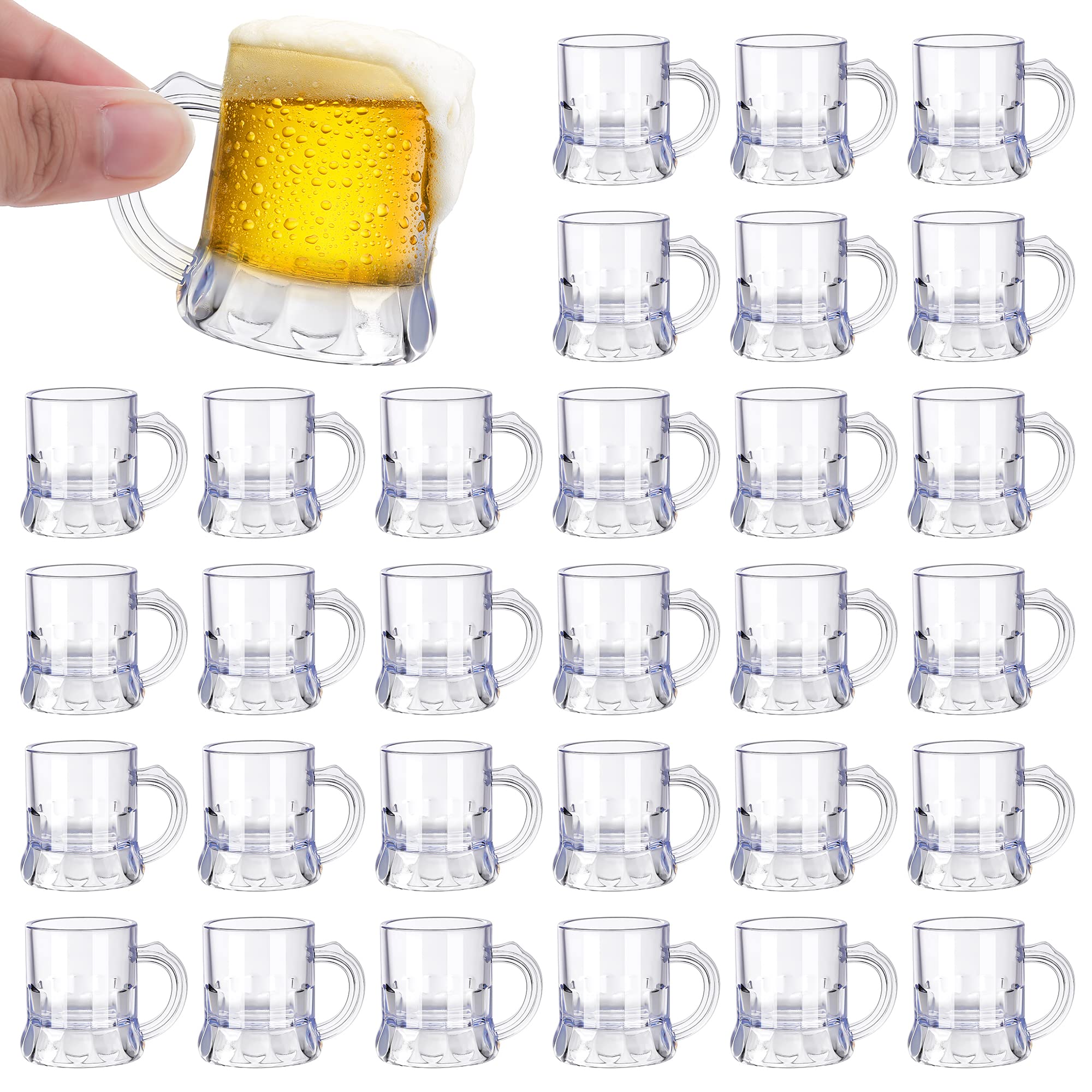 Breroa 30 Pieces Mini Plastic Beer Mugs 1 Ounce Mini Beer Mug Shot Glasses with Handles Clear Reusable Beer Stein Beer Tasting Glasses for Drinking Beer Festival Party Barbecue Wedding