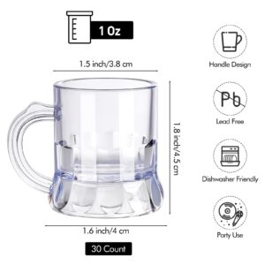 Breroa 30 Pieces Mini Plastic Beer Mugs 1 Ounce Mini Beer Mug Shot Glasses with Handles Clear Reusable Beer Stein Beer Tasting Glasses for Drinking Beer Festival Party Barbecue Wedding