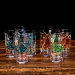 KX-WARE Sea Ocean Life 20-ounce Plastic Tumbler Drinking Glasses Mixed Drinkware Sets, set of 4