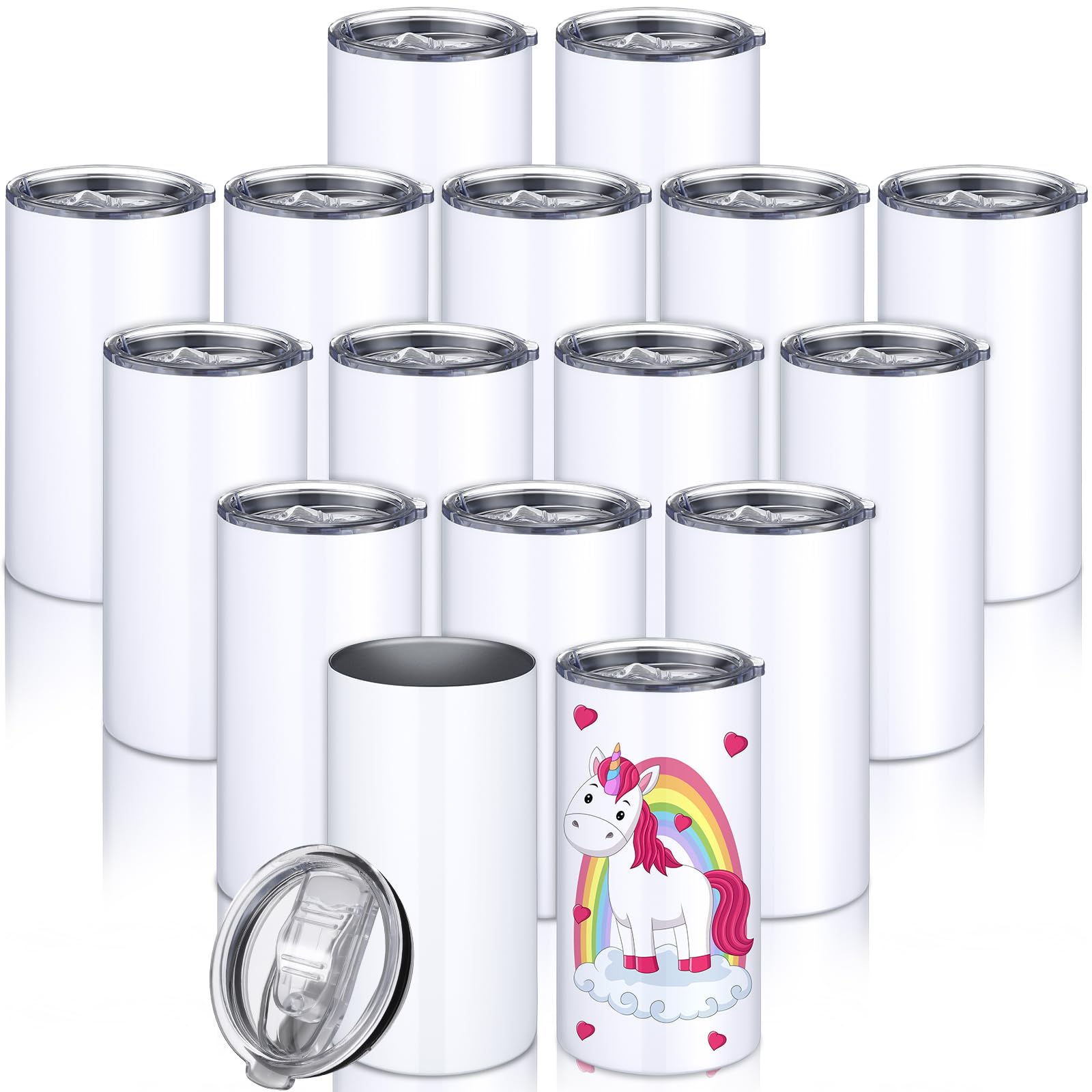 16 Pack 12 oz Blanks Tumbler White Stainless Steel Sublimation Straight Skinny Slim Tumblers with Lids Double Wall Vacuum Insulated Cups Water Tumbler for DIY Gift Coffee Tea Beverage