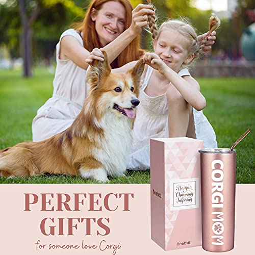 Onebttl Corgi Skinny Tumbler Gifts For Women, Female, Her and Corgi lovers - Corgi Mom - 20oz/590ml Stainless Steel Insulated Tumbler with Straw, Lid, Message Card - (Rose gold)