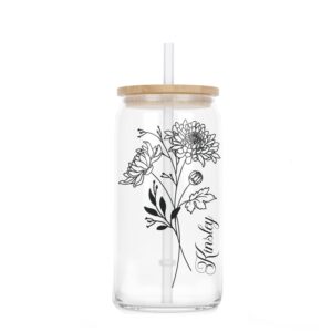 iced coffee glass cup with bamboo lid and straw - personalized birth month flower and name - gift for her birthday, mothers day gift, christmas, bridesmaid gift ideas