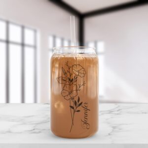 Iced Coffee Glass Cup with Bamboo Lid and Straw - Personalized Birth Month Flower and Name - Gift for Her Birthday, Mothers Day Gift, Christmas, Bridesmaid Gift Ideas