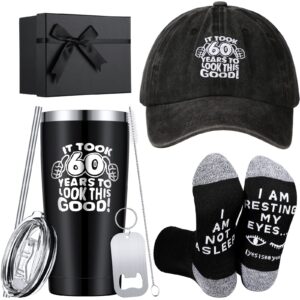 eboot 5 pcs 50/60/70/80th birthday gifts for men, include birthday baseball cap coffee tumbler cup socks keychain gifts idea (60th)