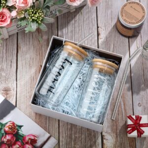 2 Pcs Hubby and Wifey Drinking Glasses 16 oz Beer Cup with Bamboo Lids and Glass Straws Bridal Shower Gift Can Shaped Iced Coffee Cup Glass Tumbler Engagement Gifts for Women Drinking Jars